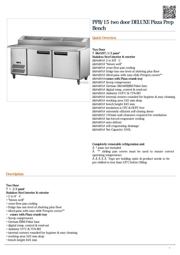 PPB/15 two door DELUXE Pizza Prep Bench / 150Kg / 1480x810x1050